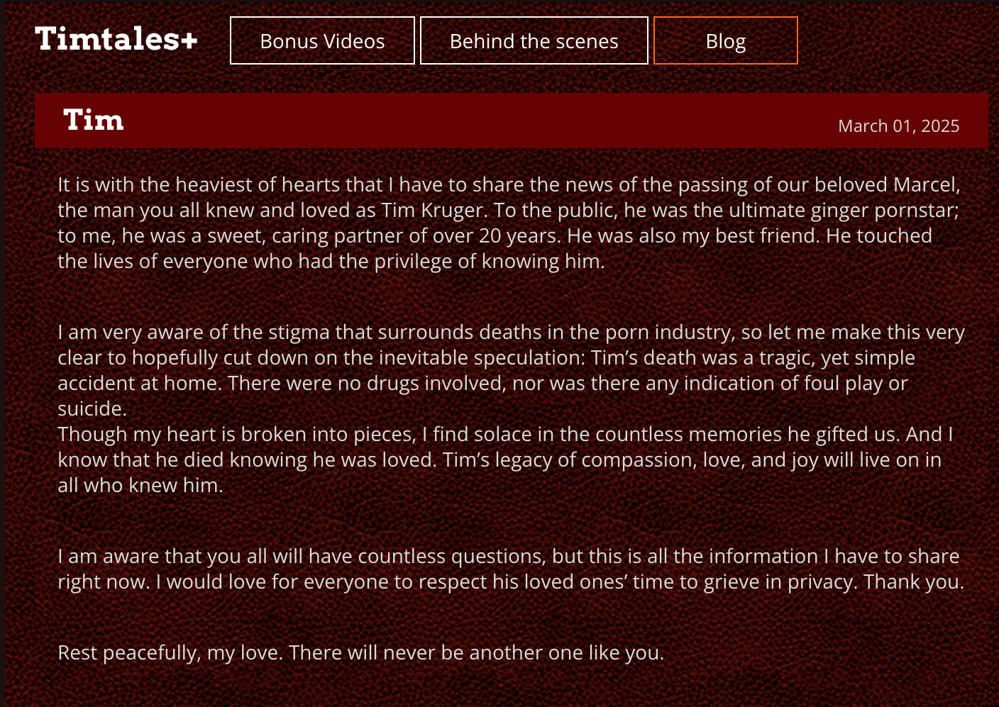 Gay adult film star and TimTales co-founder Tim Kruger dies, aged 44